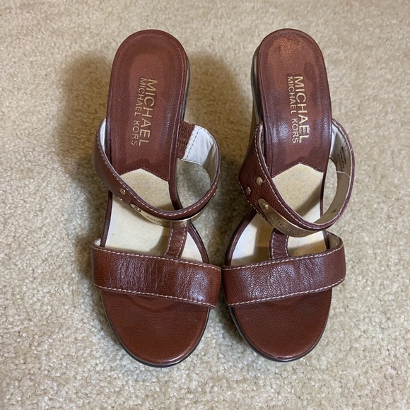 Michael Kors | Shoes | Michael Kors Brown Leather Gold Mk Plate Slide ...